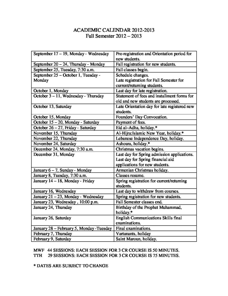 Academic Calendar 2012-2013